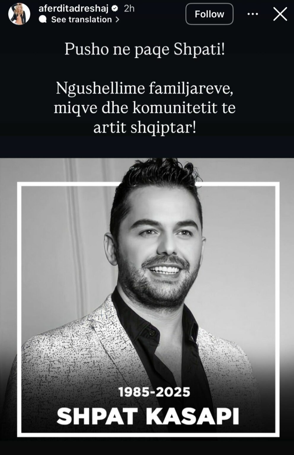 “Pusho në paqe”/ Ish-partnerja e Shpat Kasapit shpreh ngushëllimet për ...