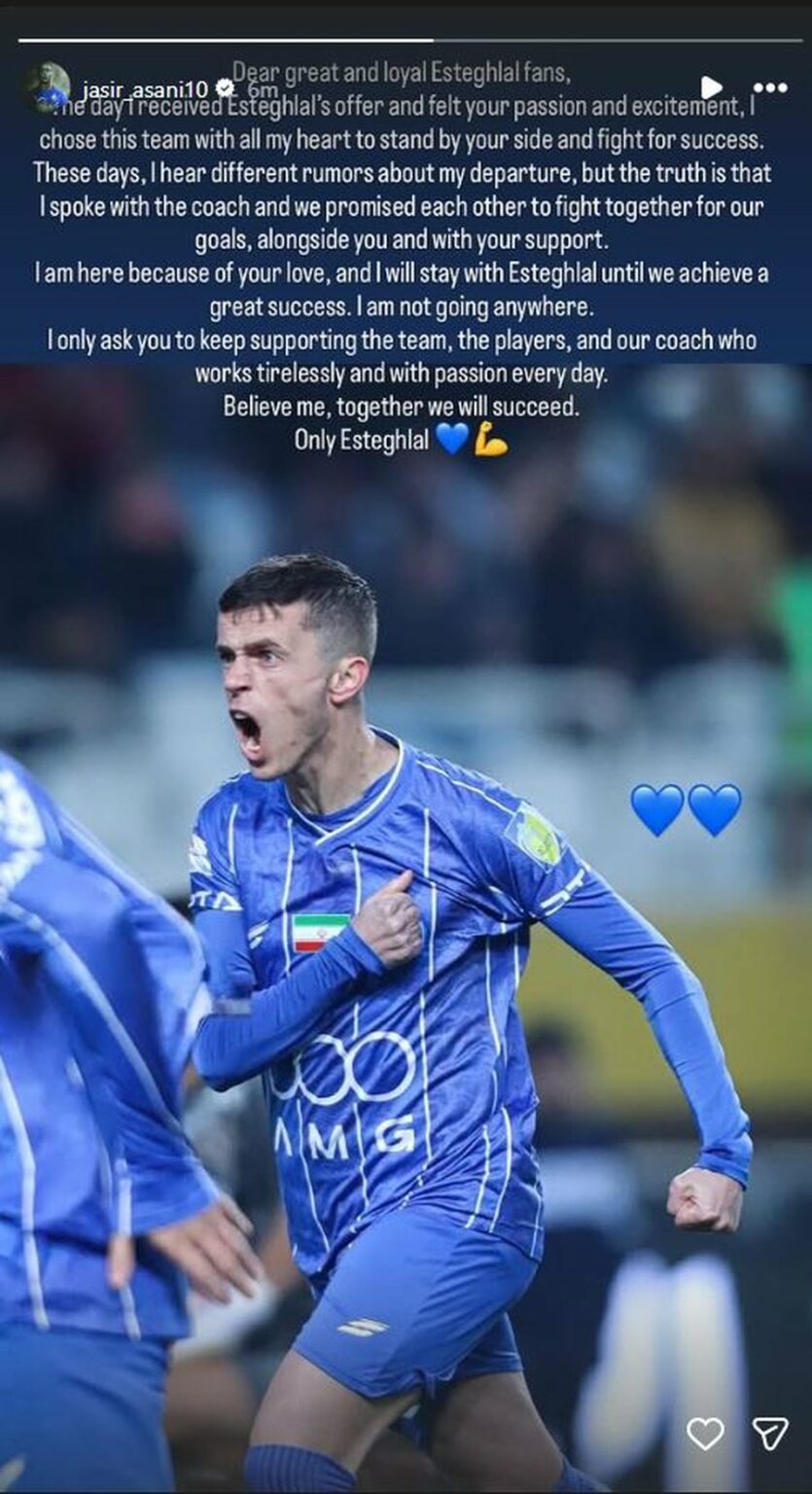 Jasir Asani ka një mesazh për tifozët e Esteghlal, pas vendimit të tij ...